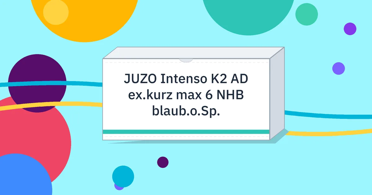 Symbolbild: Packung mit der Aufschrift JUZO Intenso K2 AD ex.kurz max 6 NHB blaub.o.Sp. (PZN 18621033) – Verfügbarkeit und Bezug in Apotheken in Frankfurt am Main