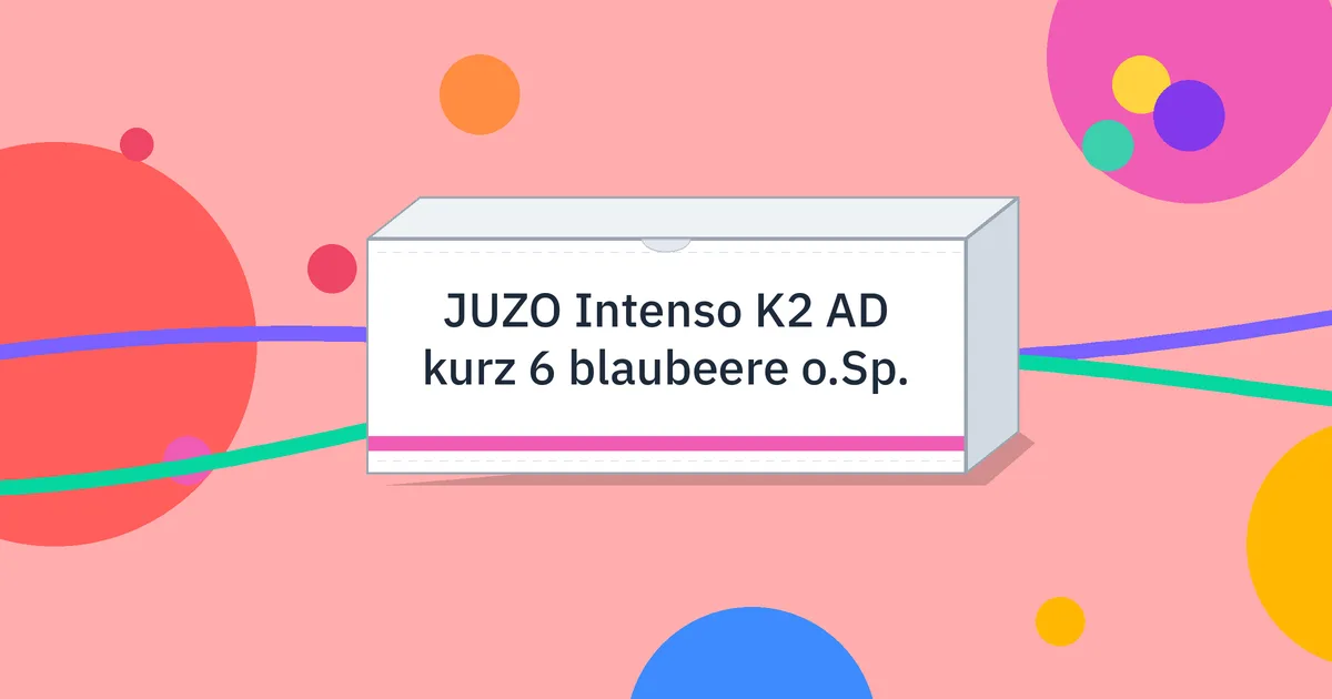 Symbolbild: Packung mit der Aufschrift JUZO Intenso K2 AD kurz 6 blaubeere o.Sp. (PZN 18618120) – Verfügbarkeit und Bezug in Apotheken in Frankfurt am Main