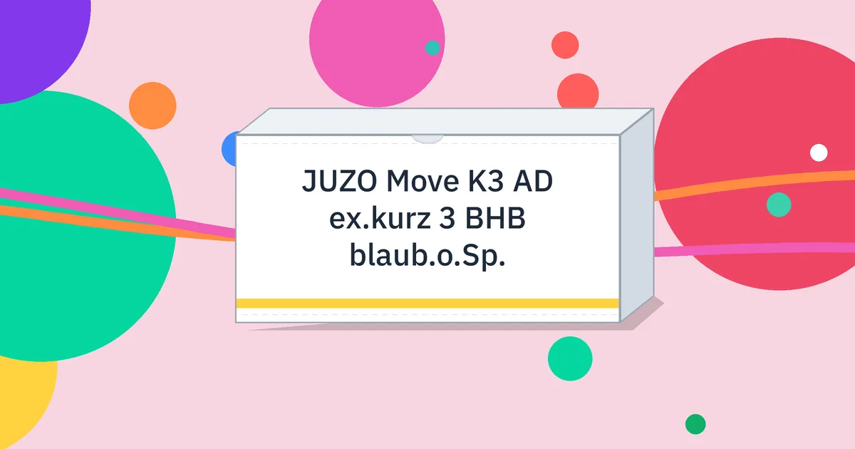 Symbolbild: Packung mit der Aufschrift JUZO Move K3 AD ex.kurz 3 BHB blaub.o.Sp. (PZN 18574256) – Verfügbarkeit und Bezug in Apotheken in Frankfurt am Main