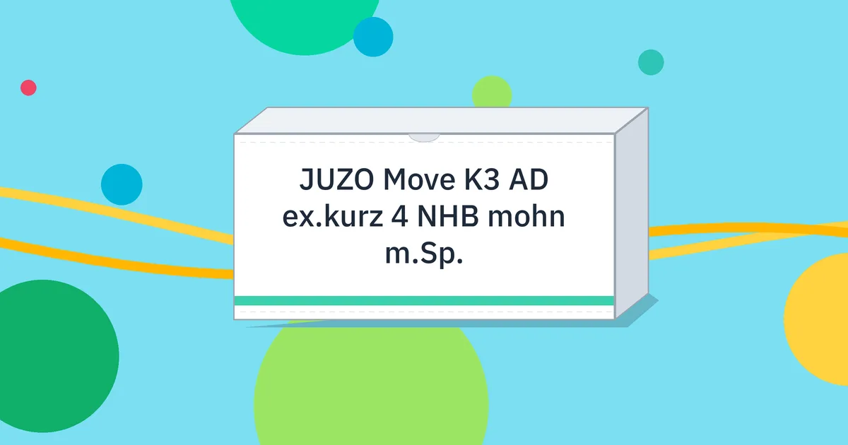 Symbolbild: Packung mit der Aufschrift JUZO Move K3 AD ex.kurz 4 NHB mohn m.Sp. (PZN 18573452) – Verfügbarkeit und Bezug in Apotheken in Frankfurt am Main