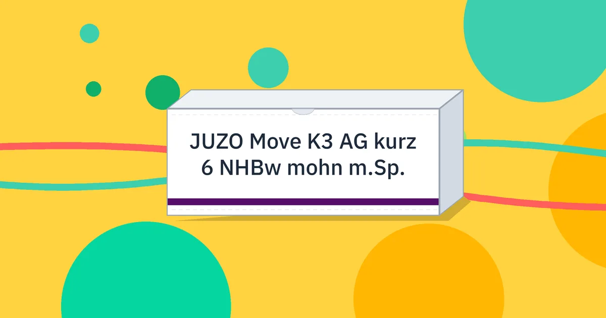 Symbolbild: Packung mit der Aufschrift JUZO Move K3 AG kurz 6 NHBw mohn m.Sp. (PZN 18590404) – Verfügbarkeit und Bezug in Apotheken in Frankfurt am Main