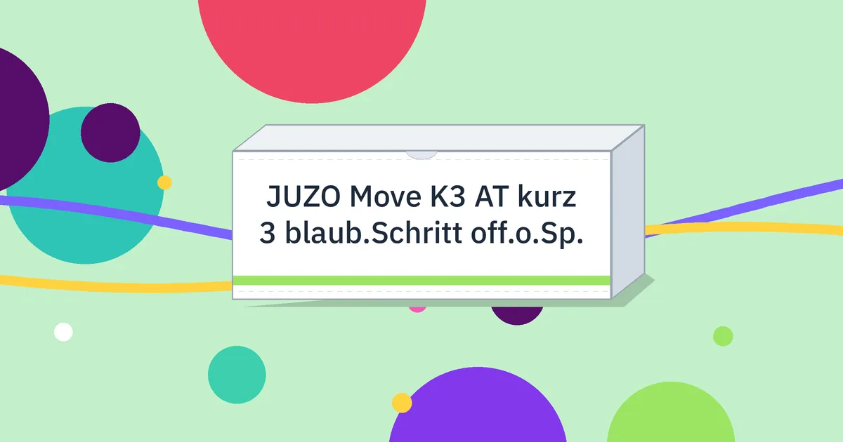 Symbolbild: Packung mit der Aufschrift JUZO Move K3 AT kurz 3 blaub.Schritt off.o.Sp. (PZN 20685253) – Verfügbarkeit und Bezug in Apotheken in Frankfurt am Main