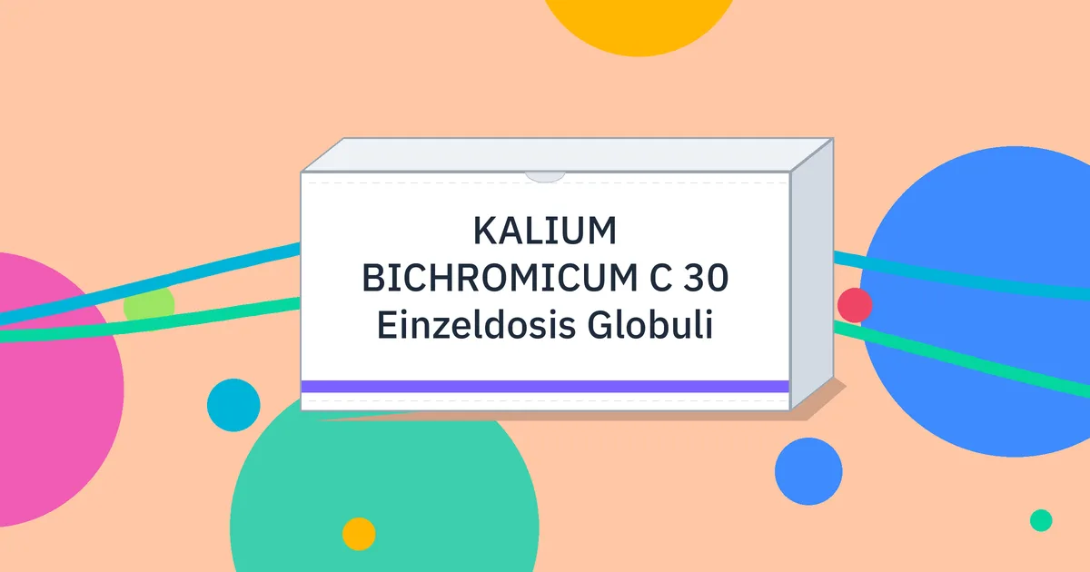 Symbolbild: Packung mit der Aufschrift KALIUM BICHROMICUM C 30 Einzeldosis Globuli (PZN 01542594) – Verfügbarkeit und Bezug in Apotheken in Frankfurt am Main
