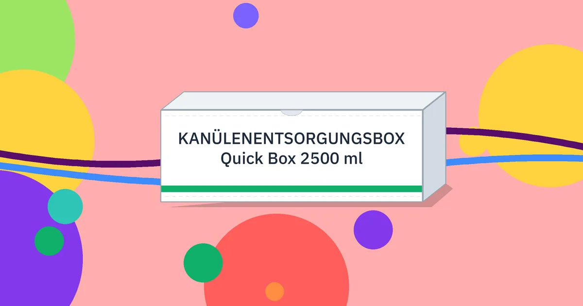 Symbolbild: Packung mit der Aufschrift KANÜLENENTSORGUNGSBOX Quick Box 2500 ml (PZN 09618523) – Verfügbarkeit und Bezug in Apotheken in Frankfurt am Main