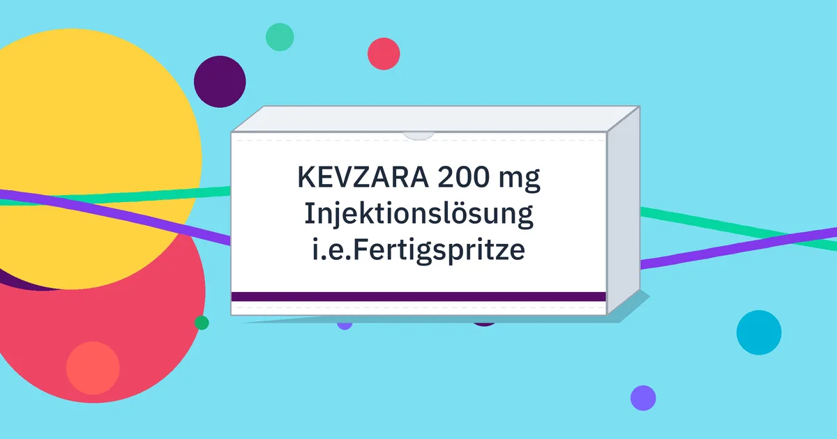 Symbolbild: Packung mit der Aufschrift KEVZARA 200 mg Injektionslösung i.e.Fertigspritze (PZN 12727173) – Verfügbarkeit und Bezug in Apotheken in Frankfurt am Main