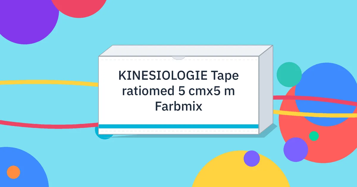 Symbolbild: Packung mit der Aufschrift KINESIOLOGIE Tape ratiomed 5 cmx5 m Farbmix (PZN 11662141) – Verfügbarkeit und Bezug in Apotheken in Frankfurt am Main