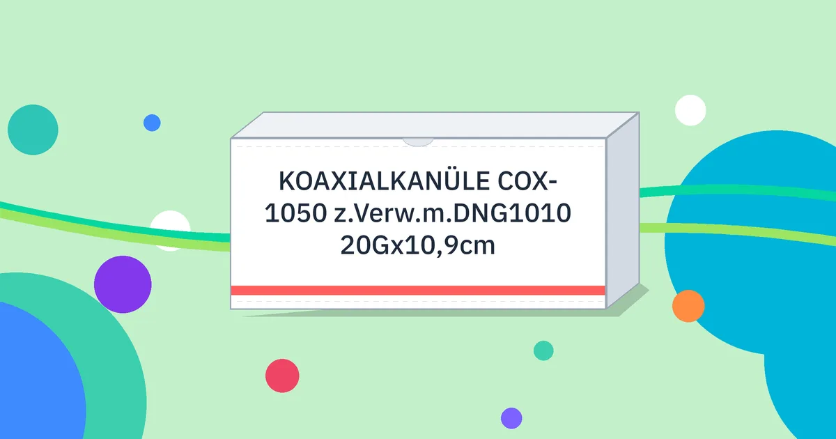 Symbolbild: Packung mit der Aufschrift KOAXIALKANÜLE COX-1050 z.Verw.m.DNG1010 20Gx10,9cm (PZN 00283860) – Verfügbarkeit und Bezug in Apotheken in Frankfurt am Main