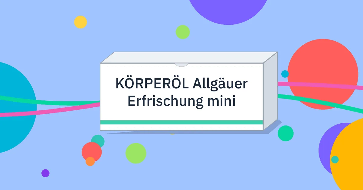 Symbolbild: Packung mit der Aufschrift KÖRPERÖL Allgäuer Erfrischung mini (PZN 18080471) – Verfügbarkeit und Bezug in Apotheken in Frankfurt am Main