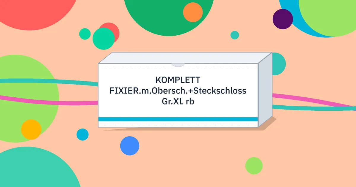 Symbolbild: Packung mit der Aufschrift KOMPLETT FIXIER.m.Obersch.+Steckschloss Gr.XL rb (PZN 16014493) – Verfügbarkeit und Bezug in Apotheken in Frankfurt am Main