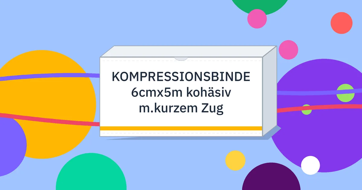 Symbolbild: Packung mit der Aufschrift KOMPRESSIONSBINDE 6cmx5m kohäsiv m.kurzem Zug (PZN 00537036) – Verfügbarkeit und Bezug in Apotheken in Frankfurt am Main