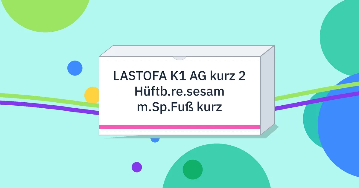 Symbolbild: Packung mit der Aufschrift LASTOFA K1 AG kurz 2 Hüftb.re.sesam m.Sp.Fuß kurz (PZN 13797804) – Verfügbarkeit und Bezug in Apotheken in Frankfurt am Main