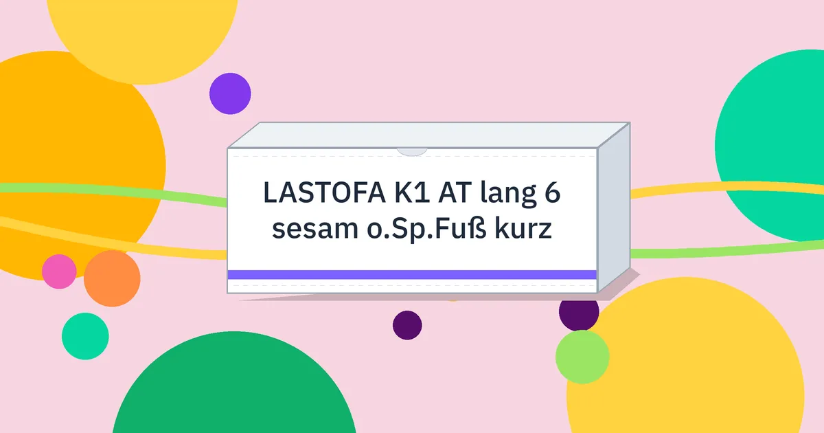Symbolbild: Packung mit der Aufschrift LASTOFA K1 AT lang 6 sesam o.Sp.Fuß kurz (PZN 13797069) – Verfügbarkeit und Bezug in Apotheken in Frankfurt am Main