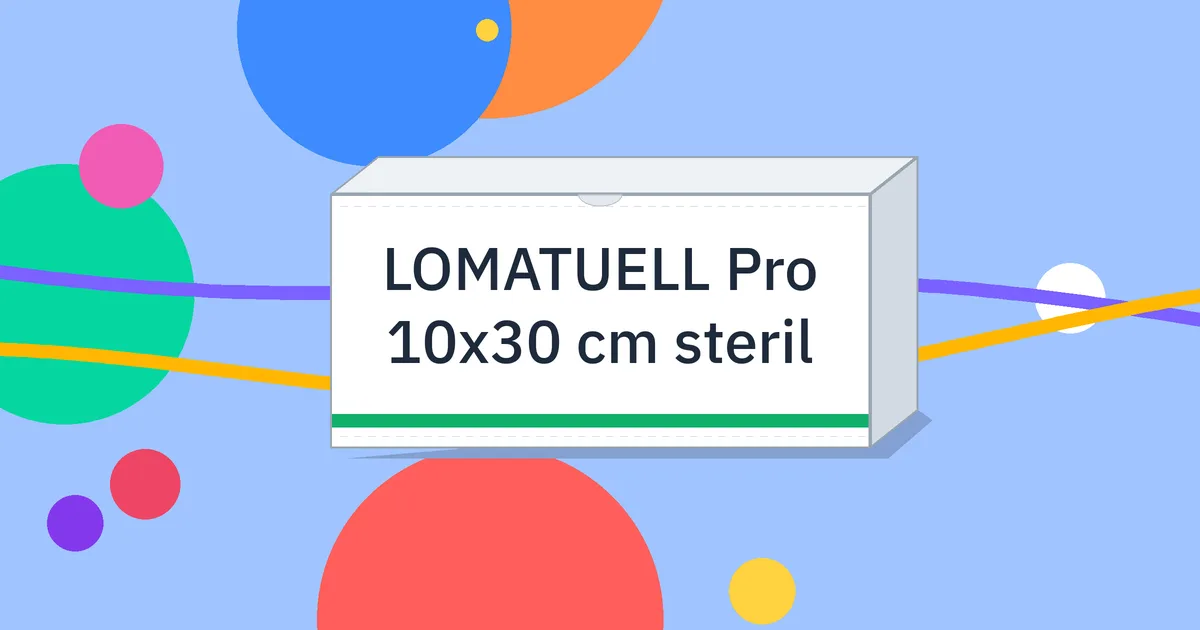 Symbolbild: Packung mit der Aufschrift LOMATUELL Pro 10x30 cm steril (PZN 19099515) – Verfügbarkeit und Bezug in Apotheken in Frankfurt am Main