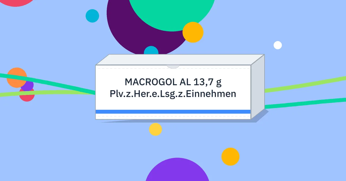 Symbolbild: Packung mit der Aufschrift MACROGOL AL 13,7 g Plv.z.Her.e.Lsg.z.Einnehmen (PZN 09474082) – Verfügbarkeit und Bezug in Apotheken in Frankfurt am Main