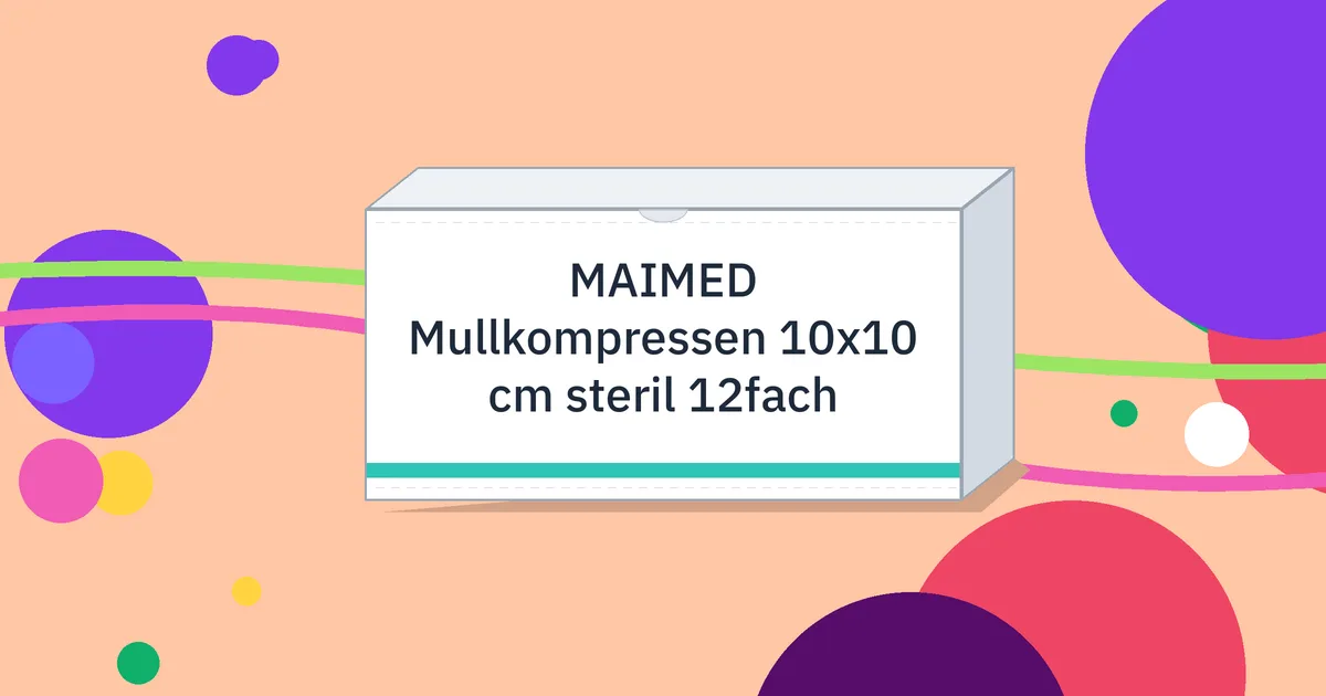 Symbolbild: Packung mit der Aufschrift MAIMED Mullkompressen 10x10 cm steril 12fach (PZN 20055492) – Verfügbarkeit und Bezug in Apotheken in Frankfurt am Main