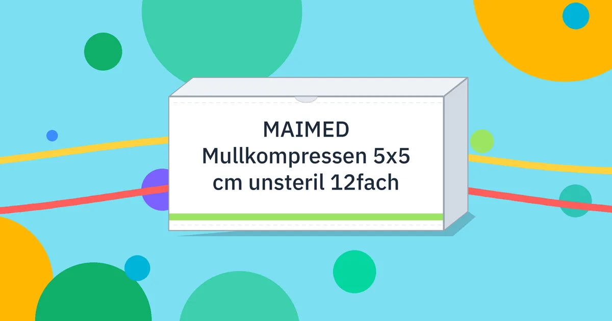 Symbolbild: Packung mit der Aufschrift MAIMED Mullkompressen 5x5 cm unsteril 12fach (PZN 01227036) – Verfügbarkeit und Bezug in Apotheken in Frankfurt am Main