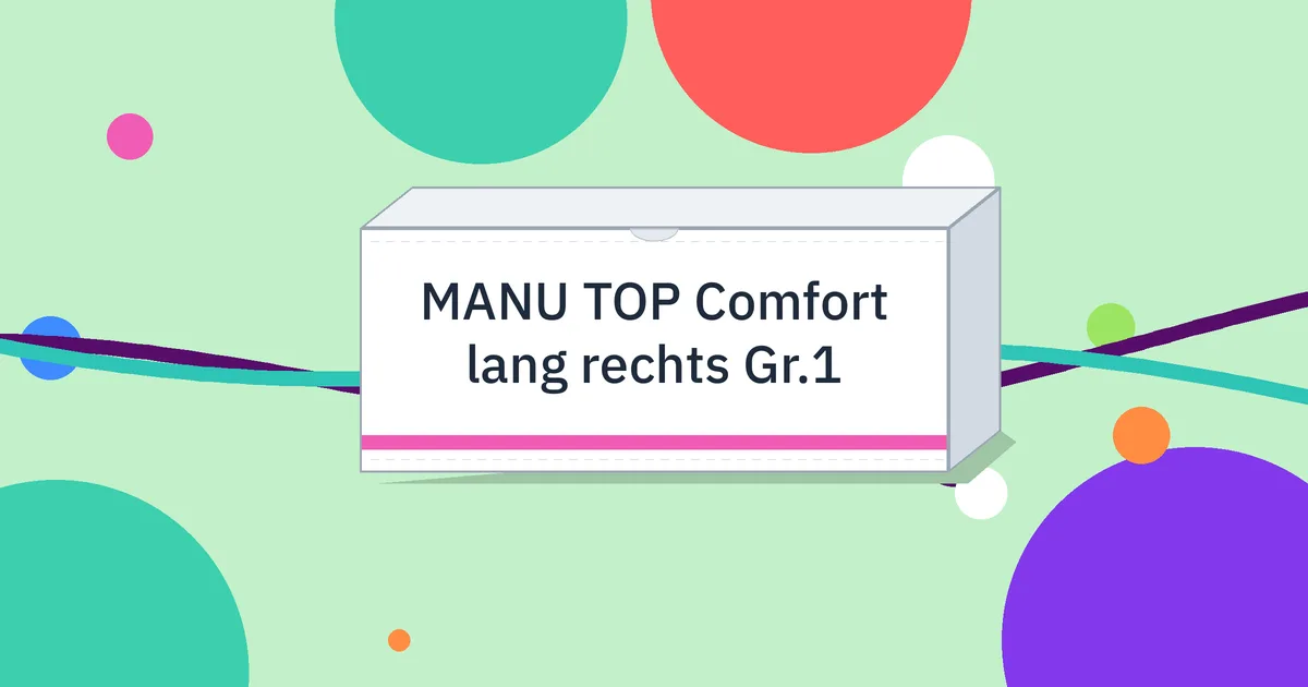 Symbolbild: Packung mit der Aufschrift MANU TOP Comfort lang rechts Gr.1 (PZN 02777750) – Verfügbarkeit und Bezug in Apotheken in Frankfurt am Main
