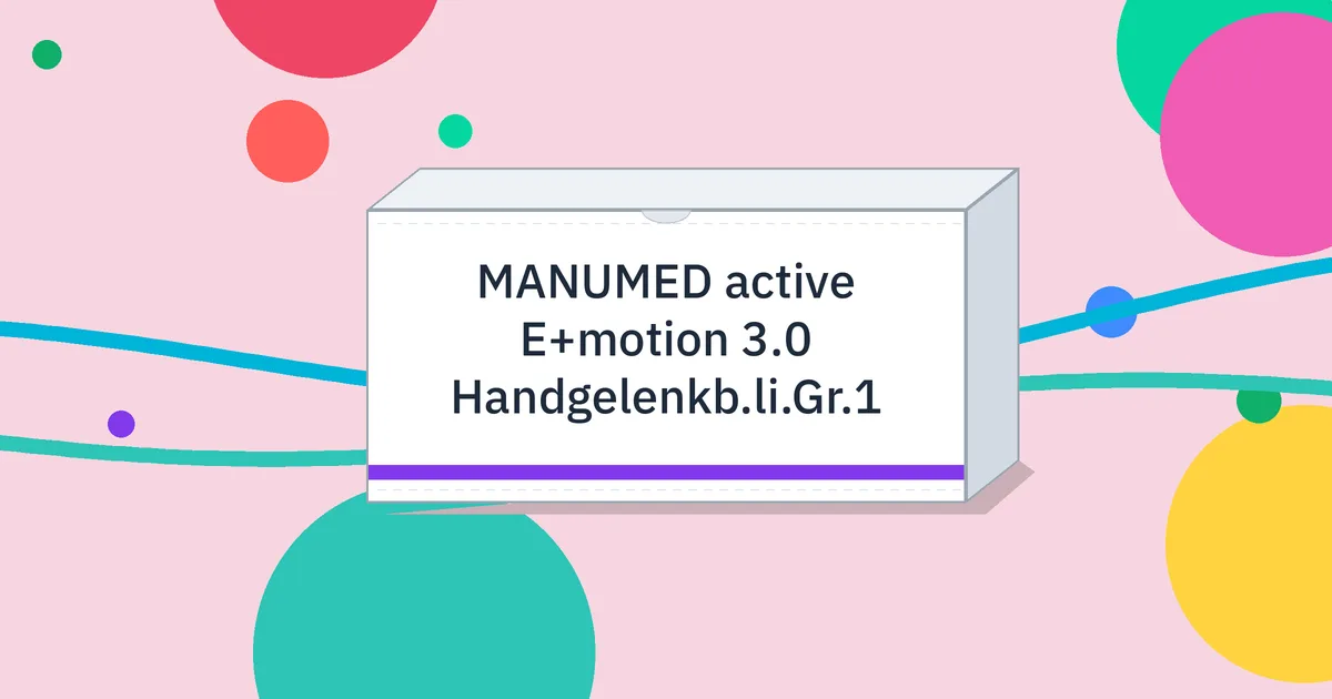 Symbolbild: Packung mit der Aufschrift MANUMED active E+motion 3.0 Handgelenkb.li.Gr.1 (PZN 19369682) – Verfügbarkeit und Bezug in Apotheken in Frankfurt am Main