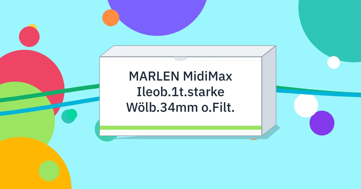 Symbolbild: Packung mit der Aufschrift MARLEN MidiMax Ileob.1t.starke Wölb.34mm o.Filt. (PZN 16658641) – Verfügbarkeit und Bezug in Apotheken in Frankfurt am Main