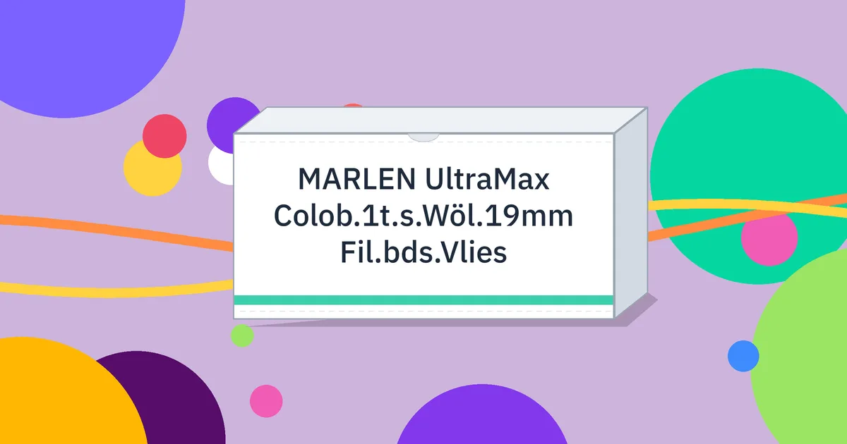 Symbolbild: Packung mit der Aufschrift MARLEN UltraMax Colob.1t.s.Wöl.19mm Fil.bds.Vlies (PZN 00625332) – Verfügbarkeit und Bezug in Apotheken in Frankfurt am Main