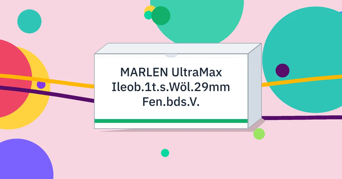 Symbolbild: Packung mit der Aufschrift MARLEN UltraMax Ileob.1t.s.Wöl.29mm Fen.bds.V. (PZN 03294025) – Verfügbarkeit und Bezug in Apotheken in Frankfurt am Main