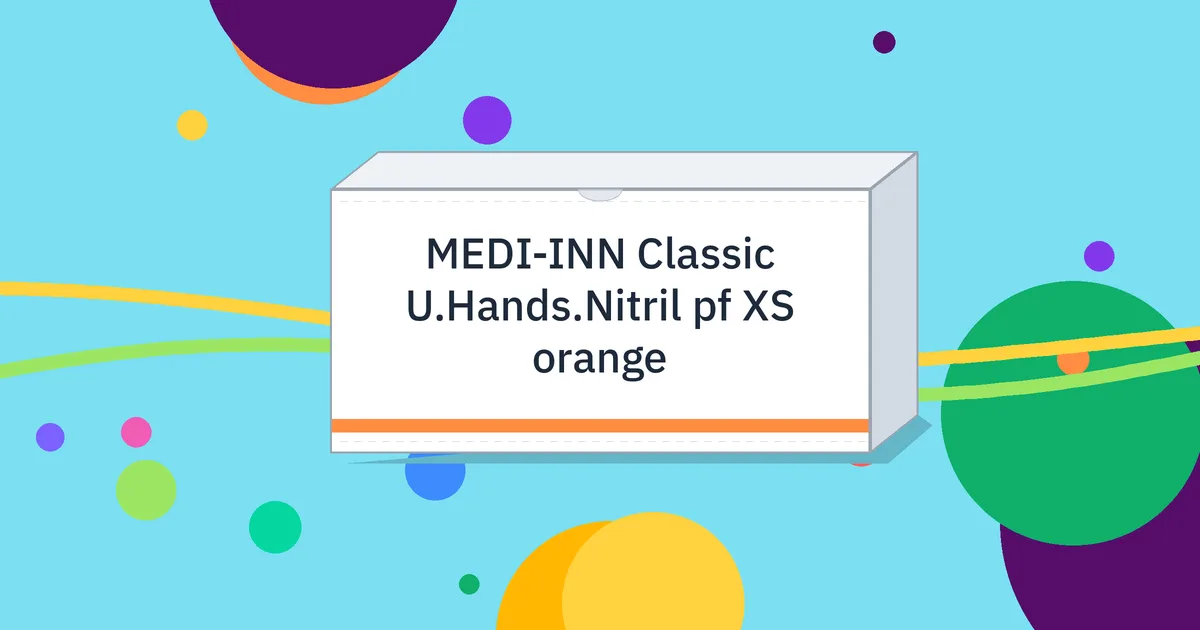 Symbolbild: Packung mit der Aufschrift MEDI-INN Classic U.Hands.Nitril pf XS orange (PZN 18854286) – Verfügbarkeit und Bezug in Apotheken in Frankfurt am Main