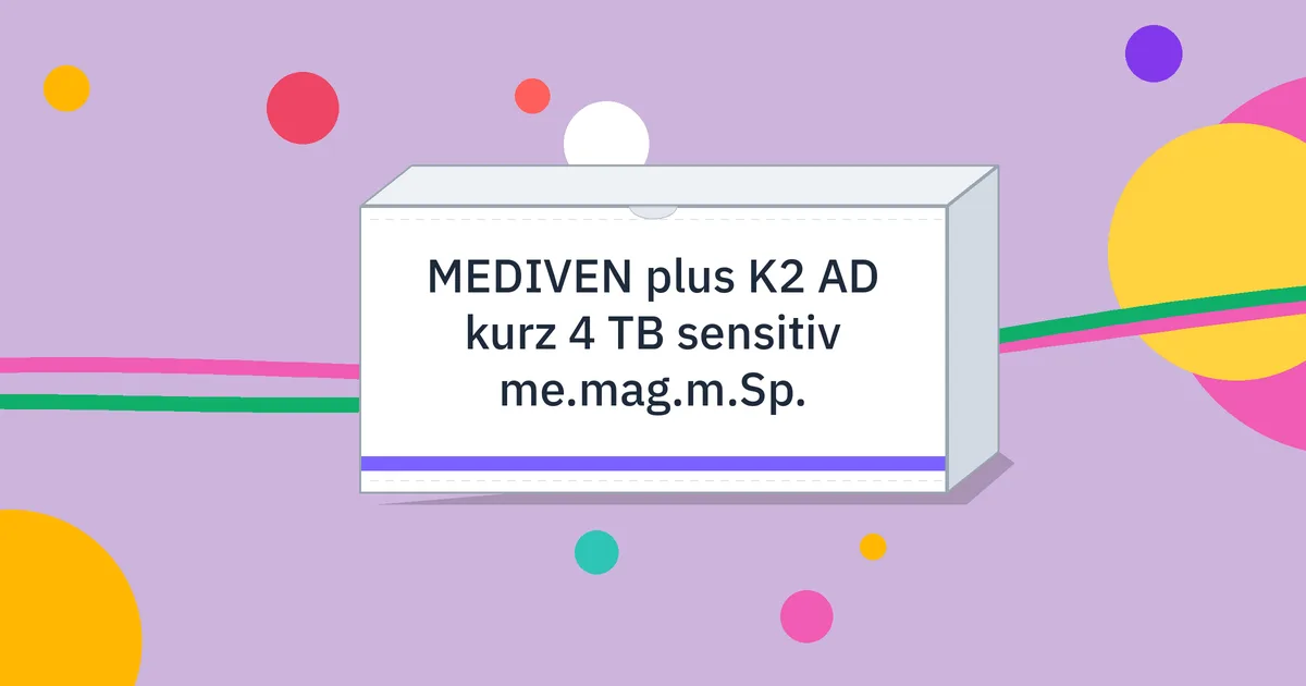 Symbolbild: Packung mit der Aufschrift MEDIVEN plus K2 AD kurz 4 TB sensitiv me.mag.m.Sp. (PZN 15106589) – Verfügbarkeit und Bezug in Apotheken in Frankfurt am Main