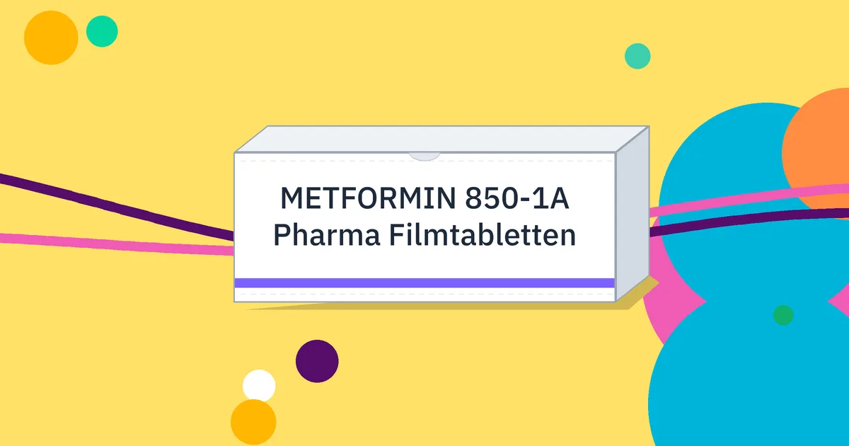 Symbolbild: Packung mit der Aufschrift METFORMIN 850-1A Pharma Filmtabletten (PZN 00113796) – Verfügbarkeit und Bezug in Apotheken in Frankfurt am Main