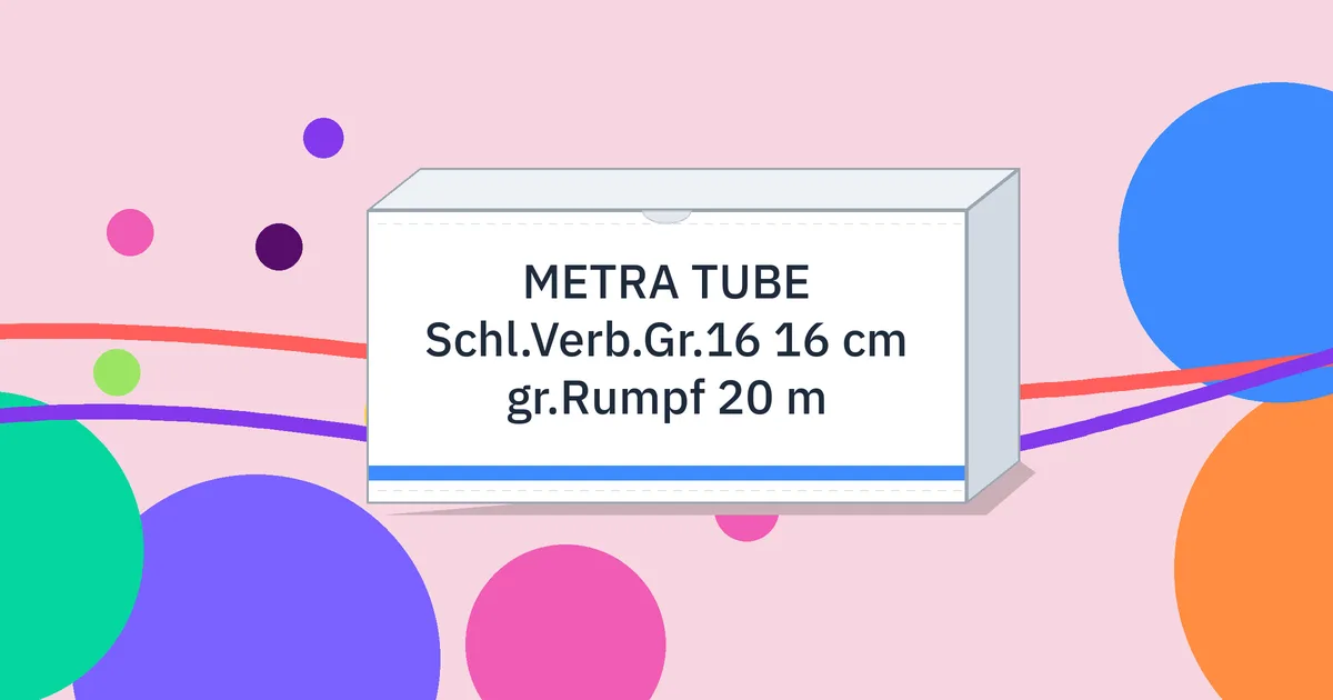 Symbolbild: Packung mit der Aufschrift METRA TUBE Schl.Verb.Gr.16 16 cm gr.Rumpf 20 m (PZN 07772616) – Verfügbarkeit und Bezug in Apotheken in Frankfurt am Main