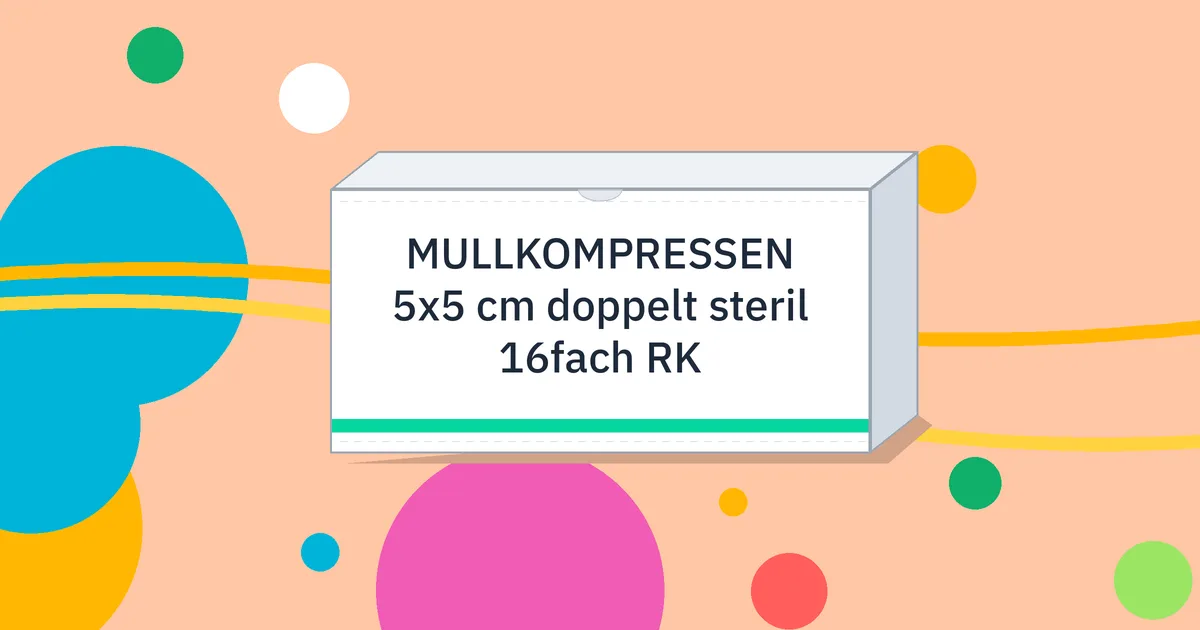 Symbolbild: Packung mit der Aufschrift MULLKOMPRESSEN 5x5 cm doppelt steril 16fach RK (PZN 12348990) – Verfügbarkeit und Bezug in Apotheken in Frankfurt am Main