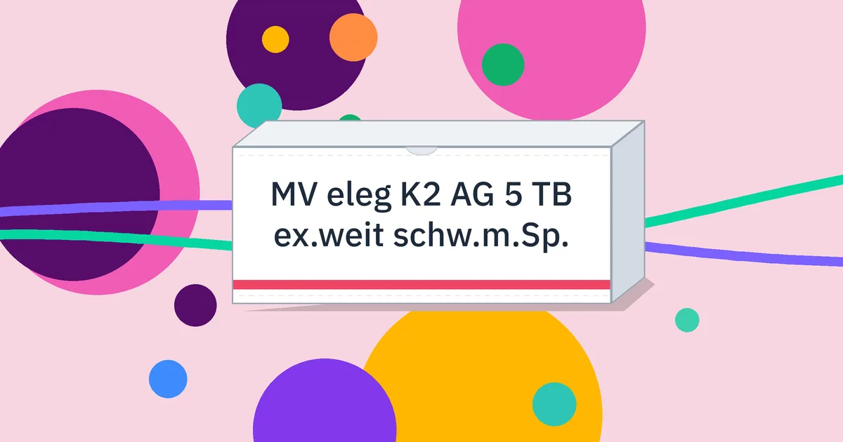 Symbolbild: Packung mit der Aufschrift MV eleg K2 AG 5 TB ex.weit schw.m.Sp. (PZN 09878098) – Verfügbarkeit und Bezug in Apotheken in Frankfurt am Main