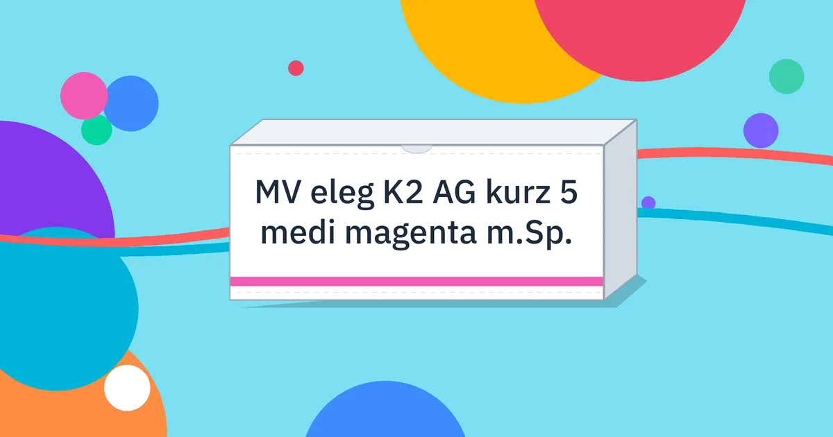 Symbolbild: Packung mit der Aufschrift MV eleg K2 AG kurz 5 medi magenta m.Sp. (PZN 14637913) – Verfügbarkeit und Bezug in Apotheken in Frankfurt am Main