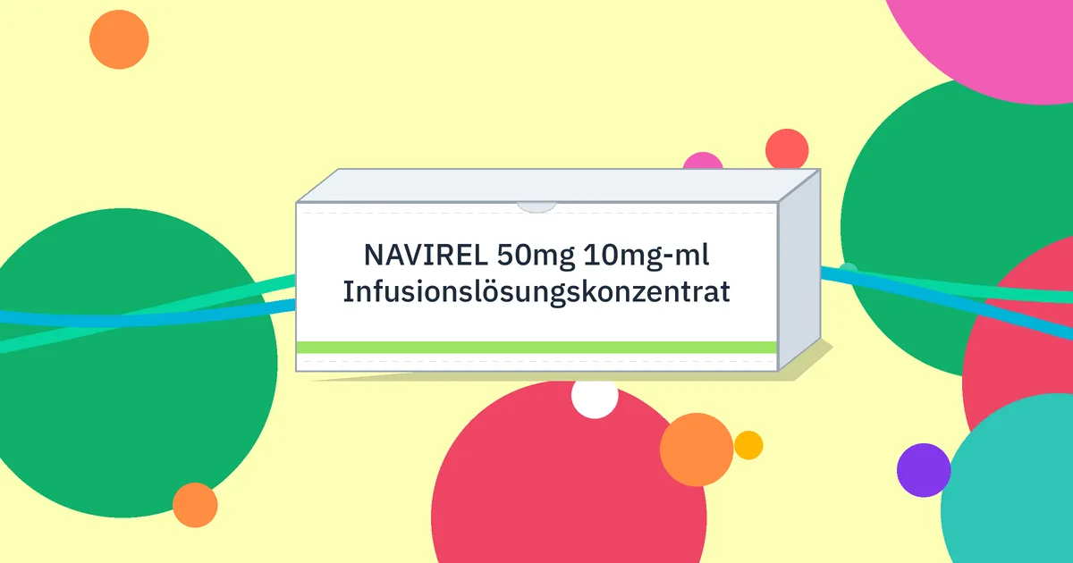 Symbolbild: Packung mit der Aufschrift NAVIREL 50mg 10mg-ml Infusionslösungskonzentrat (PZN 04636574) – Verfügbarkeit und Bezug in Apotheken in Frankfurt am Main