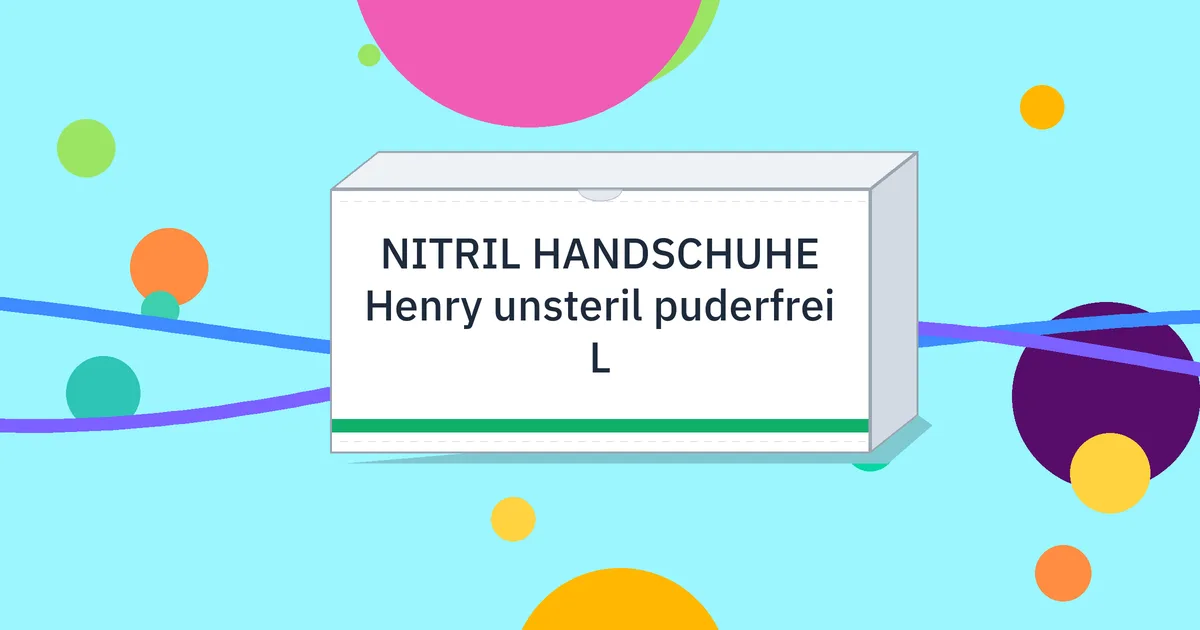 Symbolbild: Packung mit der Aufschrift NITRIL HANDSCHUHE Henry unsteril puderfrei L (PZN 19765337) – Verfügbarkeit und Bezug in Apotheken in Frankfurt am Main