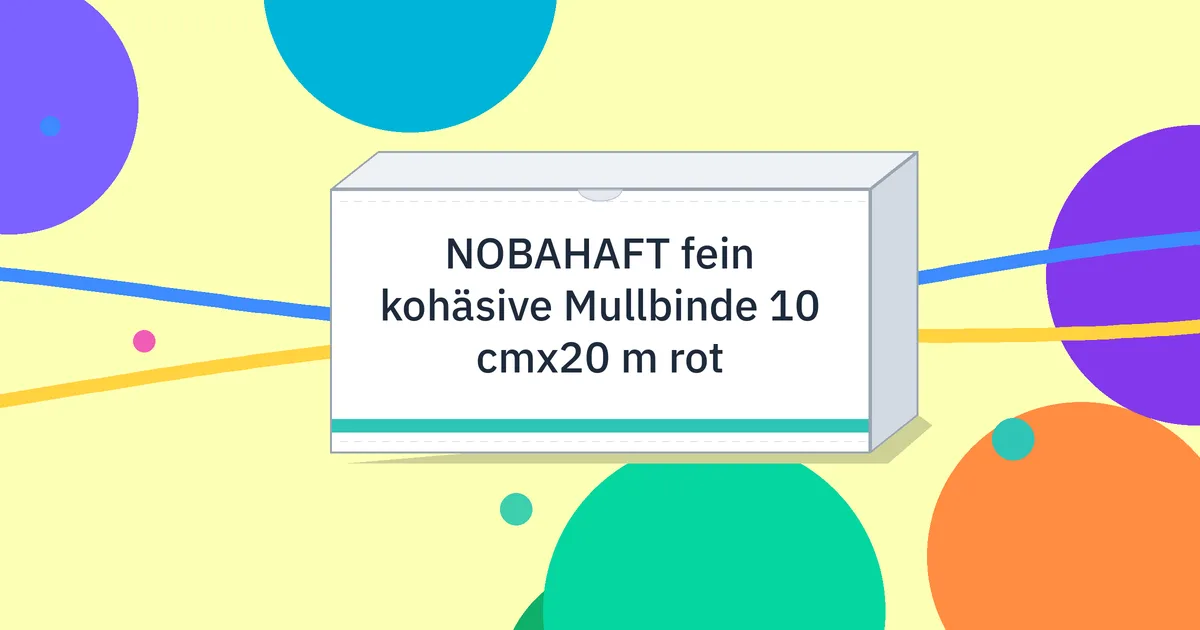 Symbolbild: Packung mit der Aufschrift NOBAHAFT fein kohäsive Mullbinde 10 cmx20 m rot (PZN 16028466) – Verfügbarkeit und Bezug in Apotheken in Frankfurt am Main