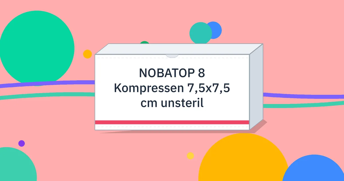Symbolbild: Packung mit der Aufschrift NOBATOP 8 Kompressen 7,5x7,5 cm unsteril (PZN 05508619) – Verfügbarkeit und Bezug in Apotheken in Frankfurt am Main