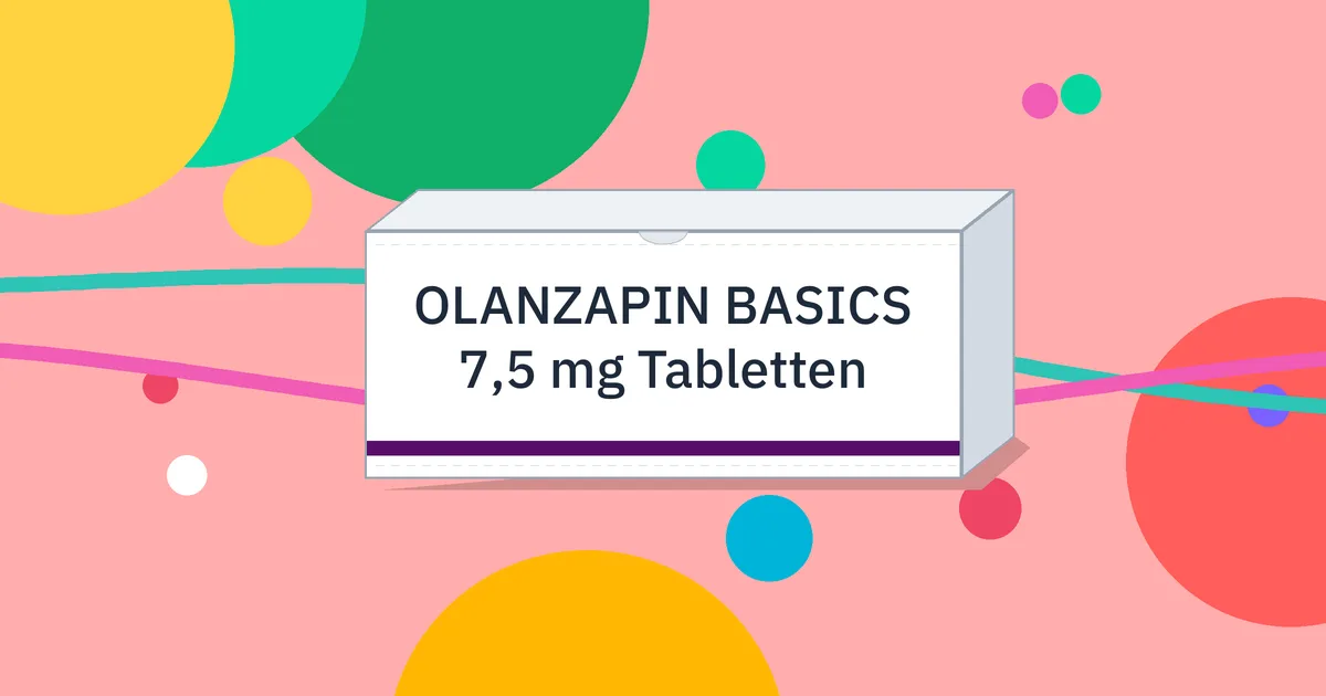Symbolbild: Packung mit der Aufschrift OLANZAPIN BASICS 7,5 mg Tabletten (PZN 08468122) – Verfügbarkeit und Bezug in Apotheken in Frankfurt am Main