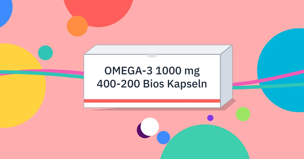 Symbolbild: Packung mit der Aufschrift OMEGA-3 1000 mg 400-200 Bios Kapseln (PZN 11189383) – Verfügbarkeit und Bezug in Apotheken in Frankfurt am Main