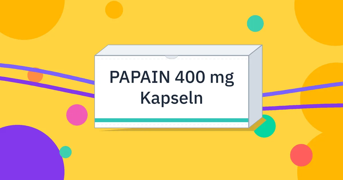 Symbolbild: Packung mit der Aufschrift PAPAIN 400 mg Kapseln (PZN 15246267) – Verfügbarkeit und Bezug in Apotheken in Frankfurt am Main