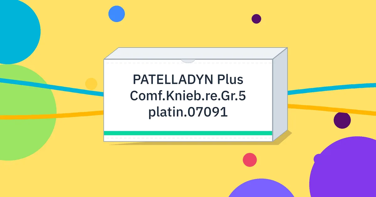 Symbolbild: Packung mit der Aufschrift PATELLADYN Plus Comf.Knieb.re.Gr.5 platin.07091 (PZN 18904624) – Verfügbarkeit und Bezug in Apotheken in Frankfurt am Main