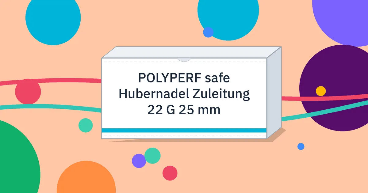 Symbolbild: Packung mit der Aufschrift POLYPERF safe Hubernadel Zuleitung 22 G 25 mm (PZN 12426313) – Verfügbarkeit und Bezug in Apotheken in Frankfurt am Main