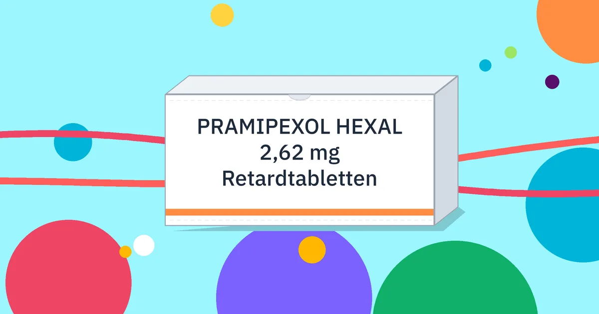 Symbolbild: Packung mit der Aufschrift PRAMIPEXOL HEXAL 2,62 mg Retardtabletten (PZN 08455088) – Verfügbarkeit und Bezug in Apotheken in Frankfurt am Main