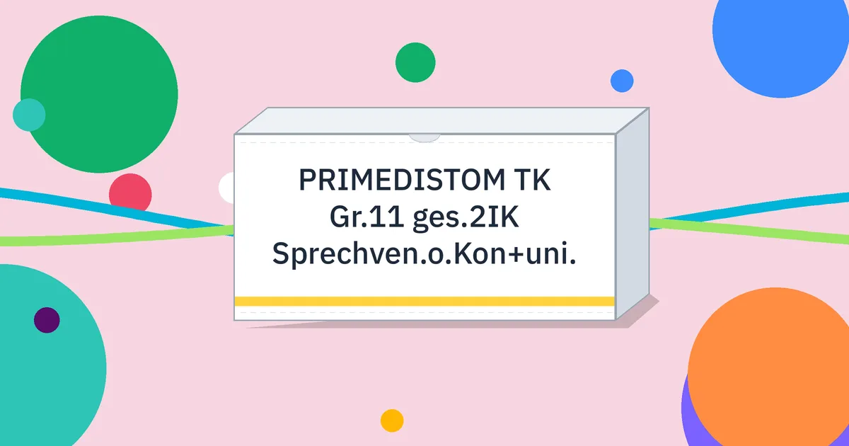 Symbolbild: Packung mit der Aufschrift PRIMEDISTOM TK Gr.11 ges.2IK Sprechven.o.Kon+uni. (PZN 10209221) – Verfügbarkeit und Bezug in Apotheken in Frankfurt am Main