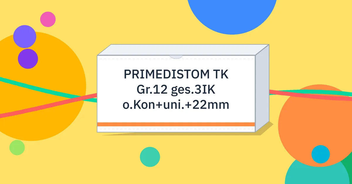 Symbolbild: Packung mit der Aufschrift PRIMEDISTOM TK Gr.12 ges.3IK o.Kon+uni.+22mm (PZN 10209445) – Verfügbarkeit und Bezug in Apotheken in Frankfurt am Main