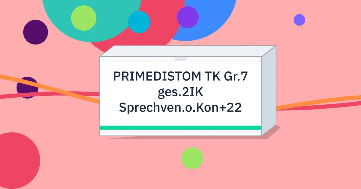 Symbolbild: Packung mit der Aufschrift PRIMEDISTOM TK Gr.7 ges.2IK Sprechven.o.Kon+22 (PZN 10209273) – Verfügbarkeit und Bezug in Apotheken in Frankfurt am Main