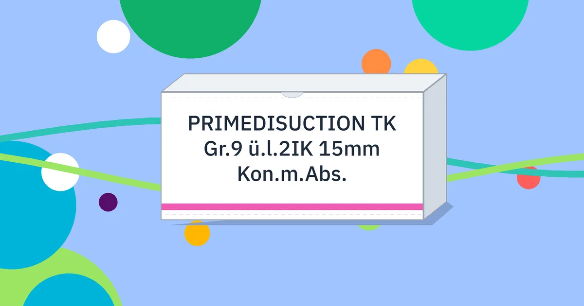 Symbolbild: Packung mit der Aufschrift PRIMEDISUCTION TK Gr.9 ü.l.2IK 15mm Kon.m.Abs. (PZN 11375915) – Verfügbarkeit und Bezug in Apotheken in Frankfurt am Main