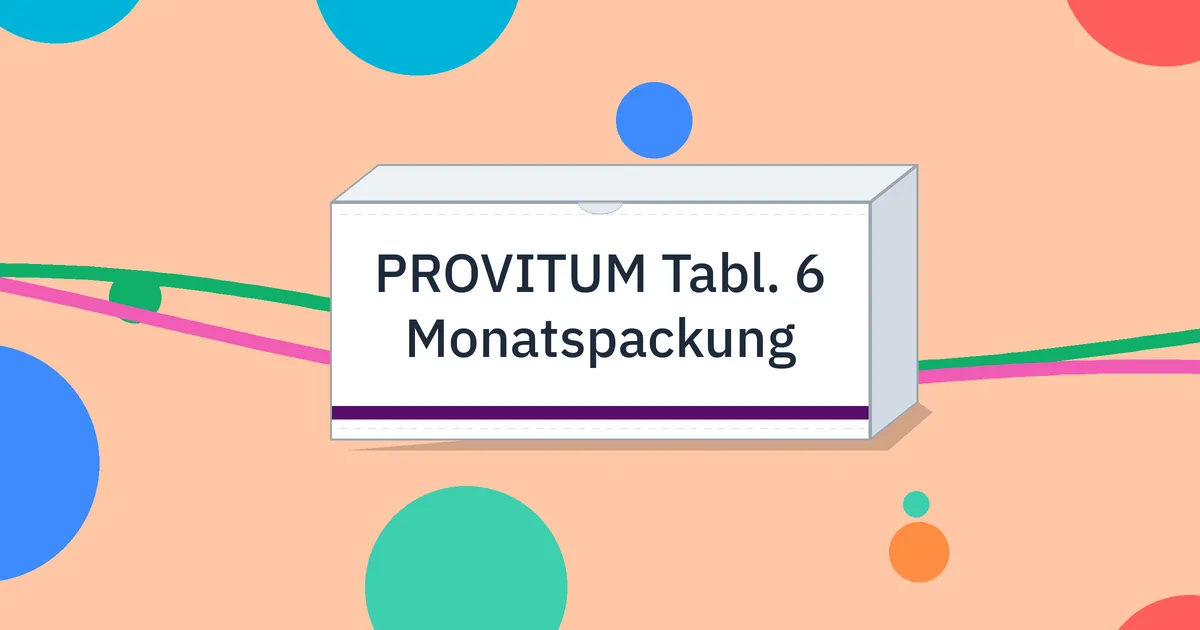 Symbolbild: Packung mit der Aufschrift PROVITUM Tabl. 6 Monatspackung (PZN 00264756) – Verfügbarkeit und Bezug in Apotheken in Frankfurt am Main