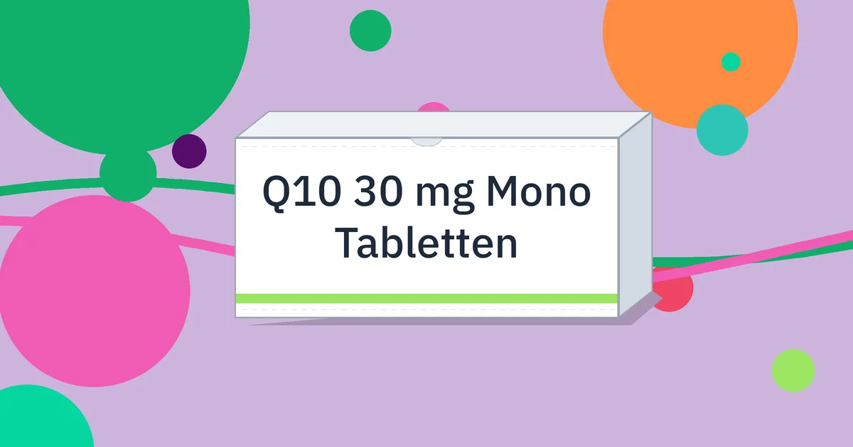 Symbolbild: Packung mit der Aufschrift Q10 30 mg Mono Tabletten (PZN 01498752) – Verfügbarkeit und Bezug in Apotheken in Frankfurt am Main