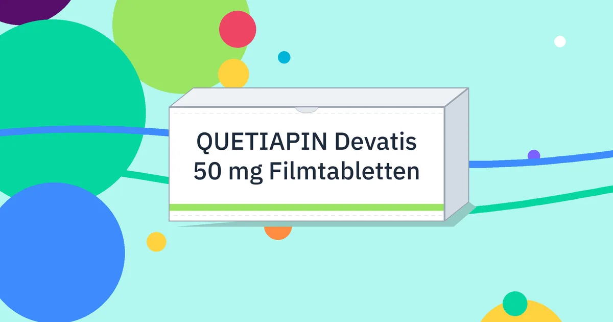 Symbolbild: Packung mit der Aufschrift QUETIAPIN Devatis 50 mg Filmtabletten (PZN 17235807) – Verfügbarkeit und Bezug in Apotheken in Frankfurt am Main