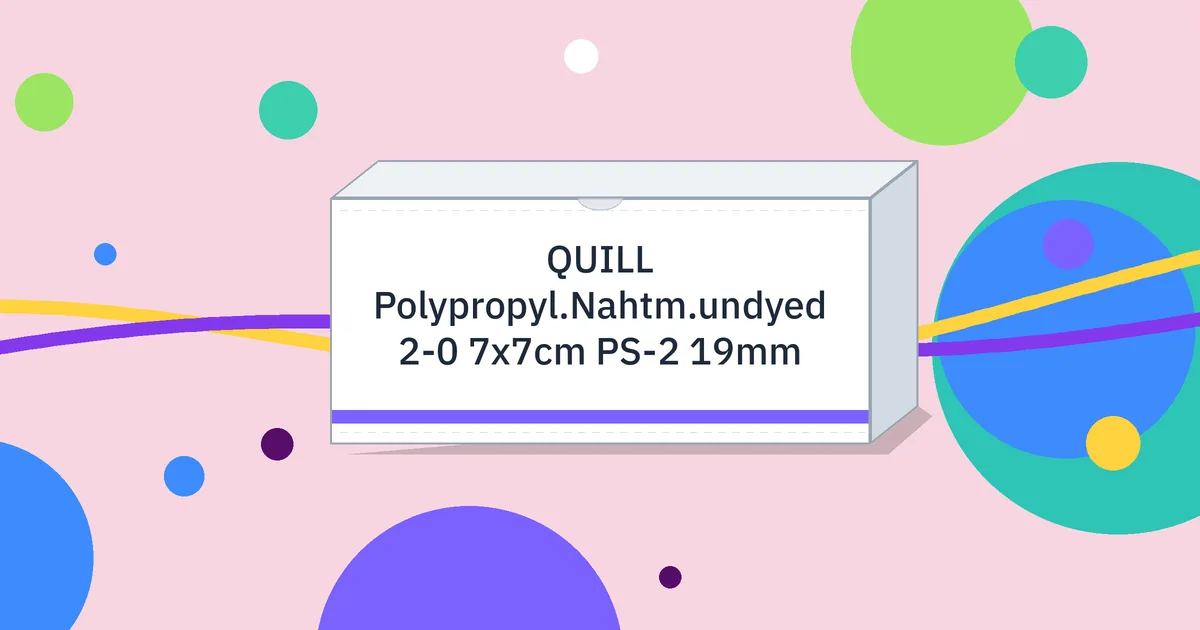 Symbolbild: Packung mit der Aufschrift QUILL Polypropyl.Nahtm.undyed 2-0 7x7cm PS-2 19mm (PZN 17989021) – Verfügbarkeit und Bezug in Apotheken in Frankfurt am Main